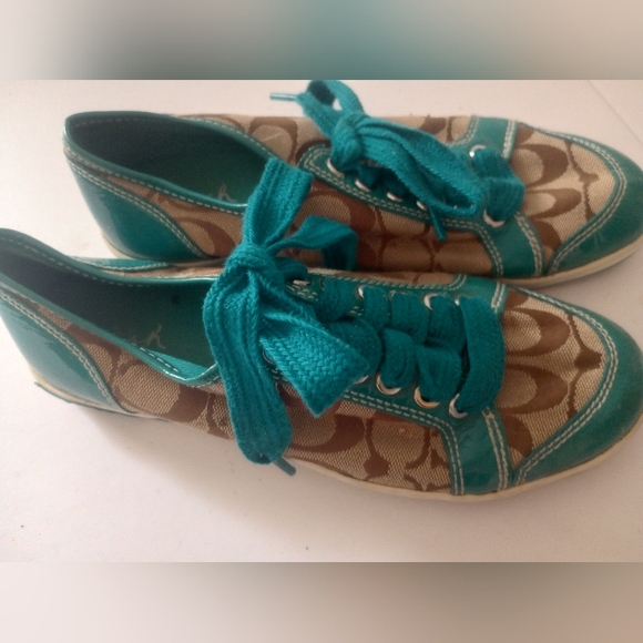 Coach | Shoes | Coach Teal And Tan Canvas Sneakers | Poshmark